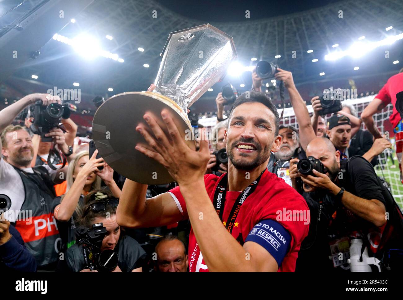 Sevilla's Jesus Navas celebrates with the UEFA Europa League trophy ...