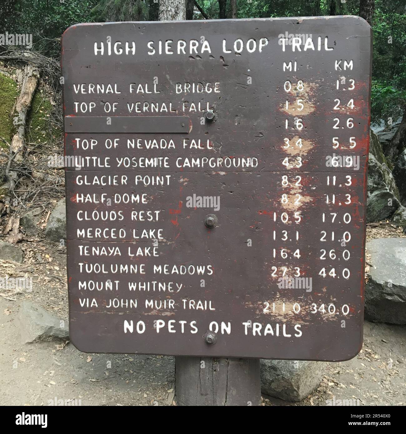 A sign shows hikers the distance to various landmarks, in miles and ...