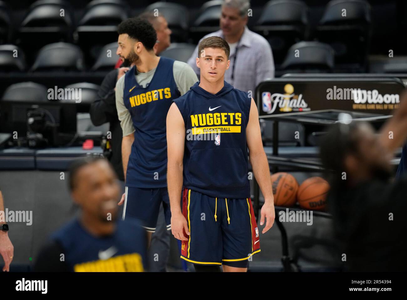Denver Nuggets guard Collin Gillespie (21) as players take part in practice for Game 1 of the ...