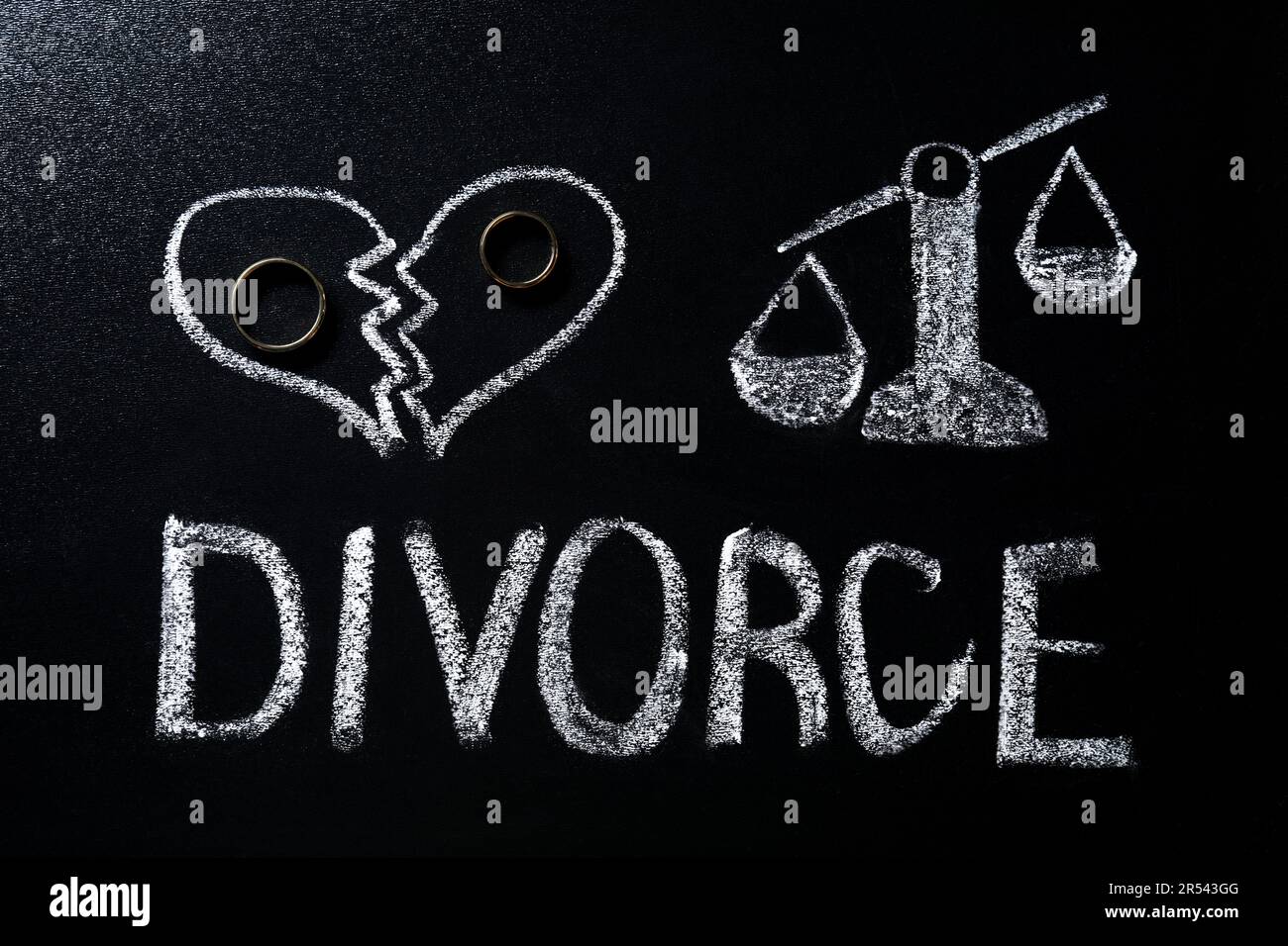 Wedding rings, word Divorce, broken heart and scales of justice drawn ...