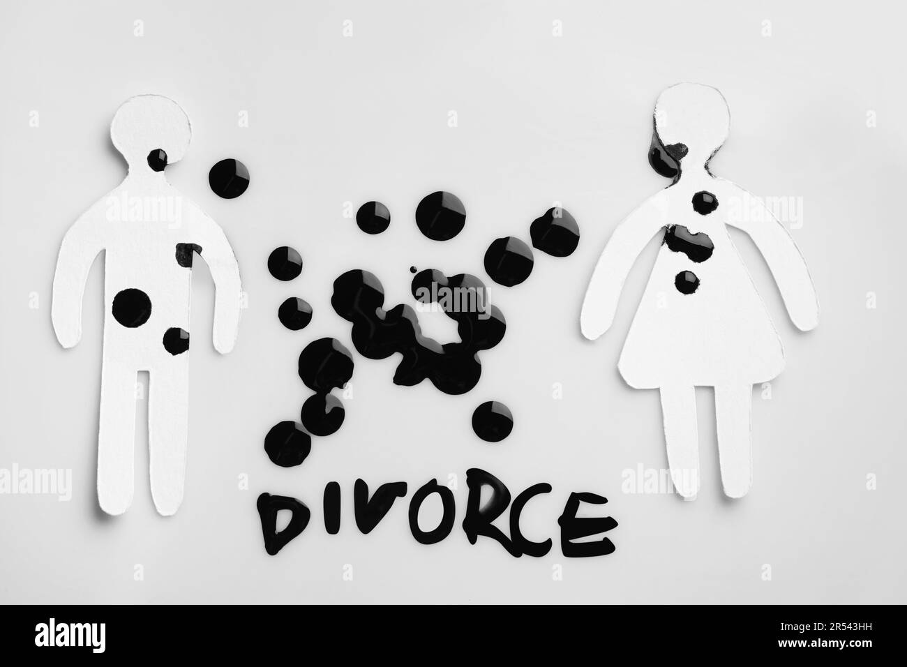 Paper human figures, ink drops and word Divorce on white background ...