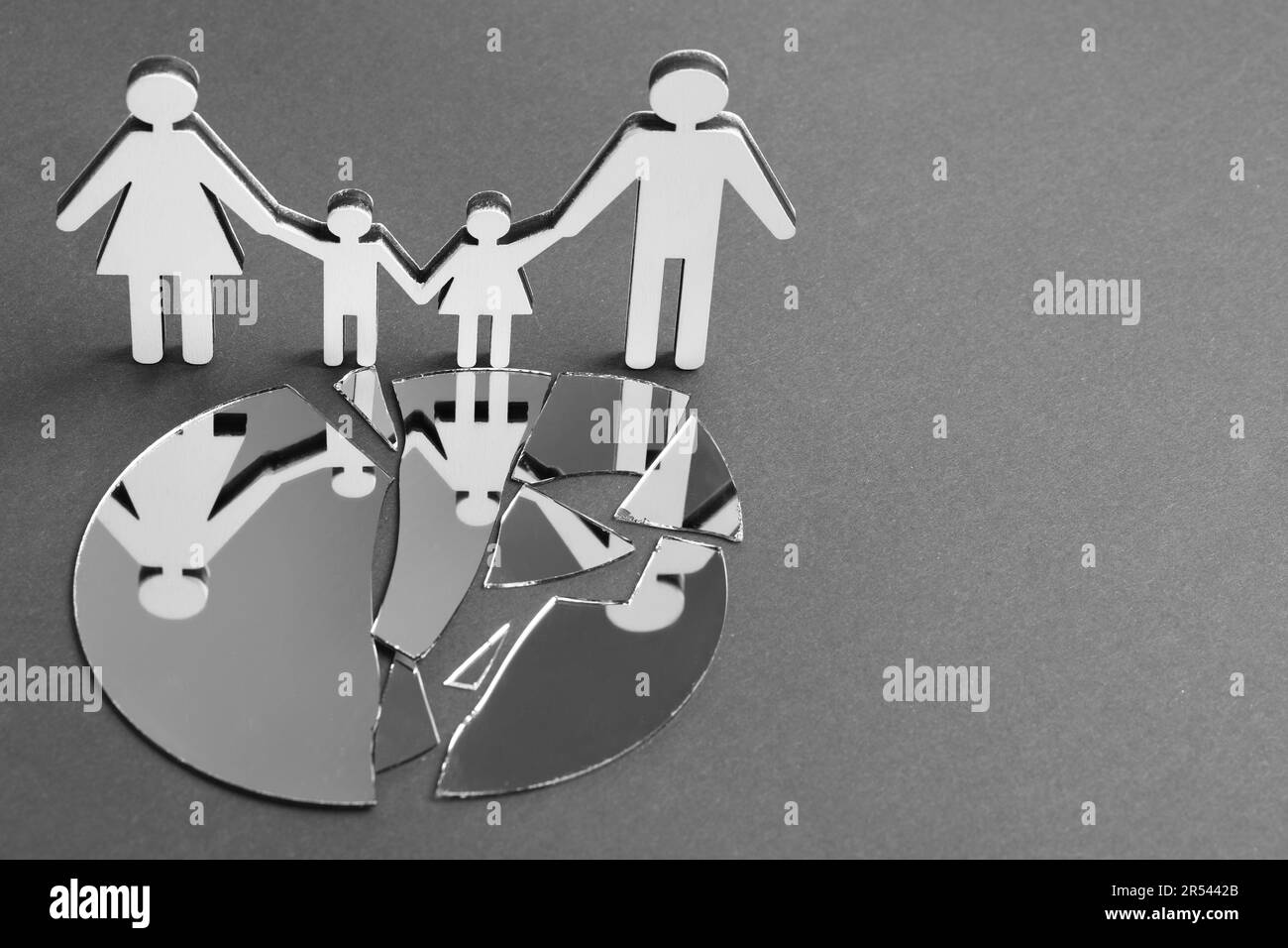 Human figures near broken mirror on gray background, space for text ...