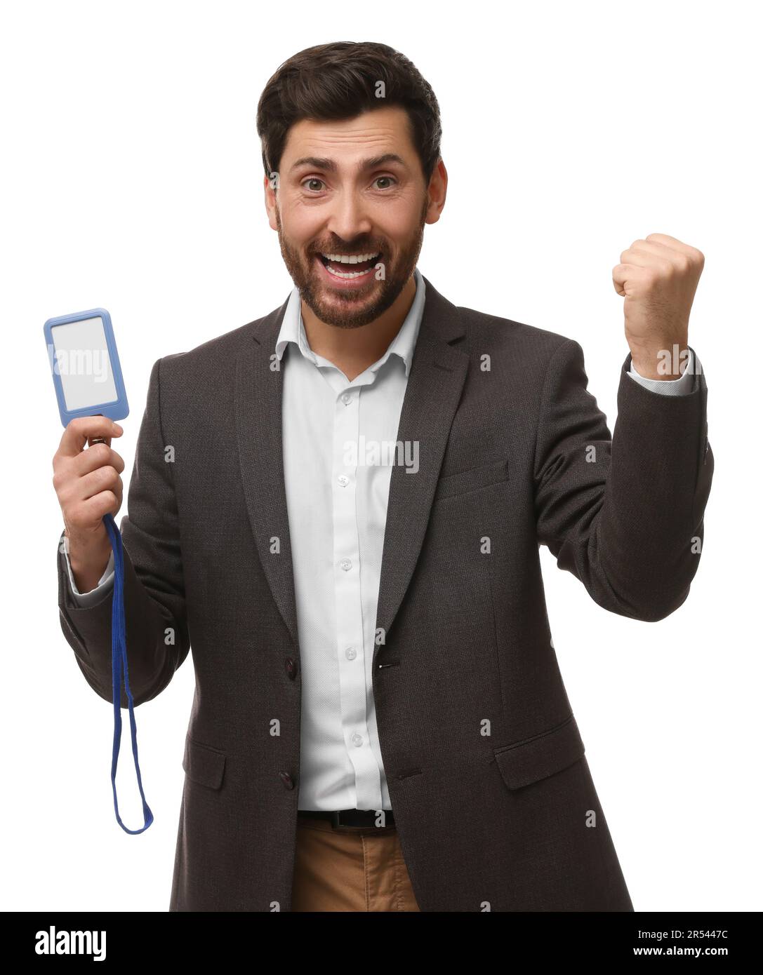 Happy man with VIP pass badge on white background Stock Photo - Alamy