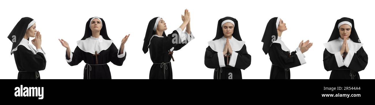 Collage with photos of young nun praying on white background Stock ...