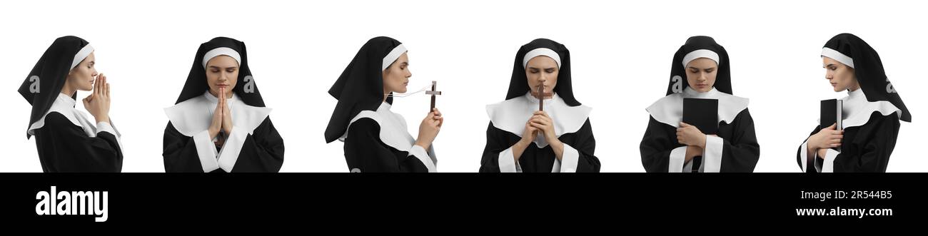 Collage with photos of young nun praying on white background Stock ...