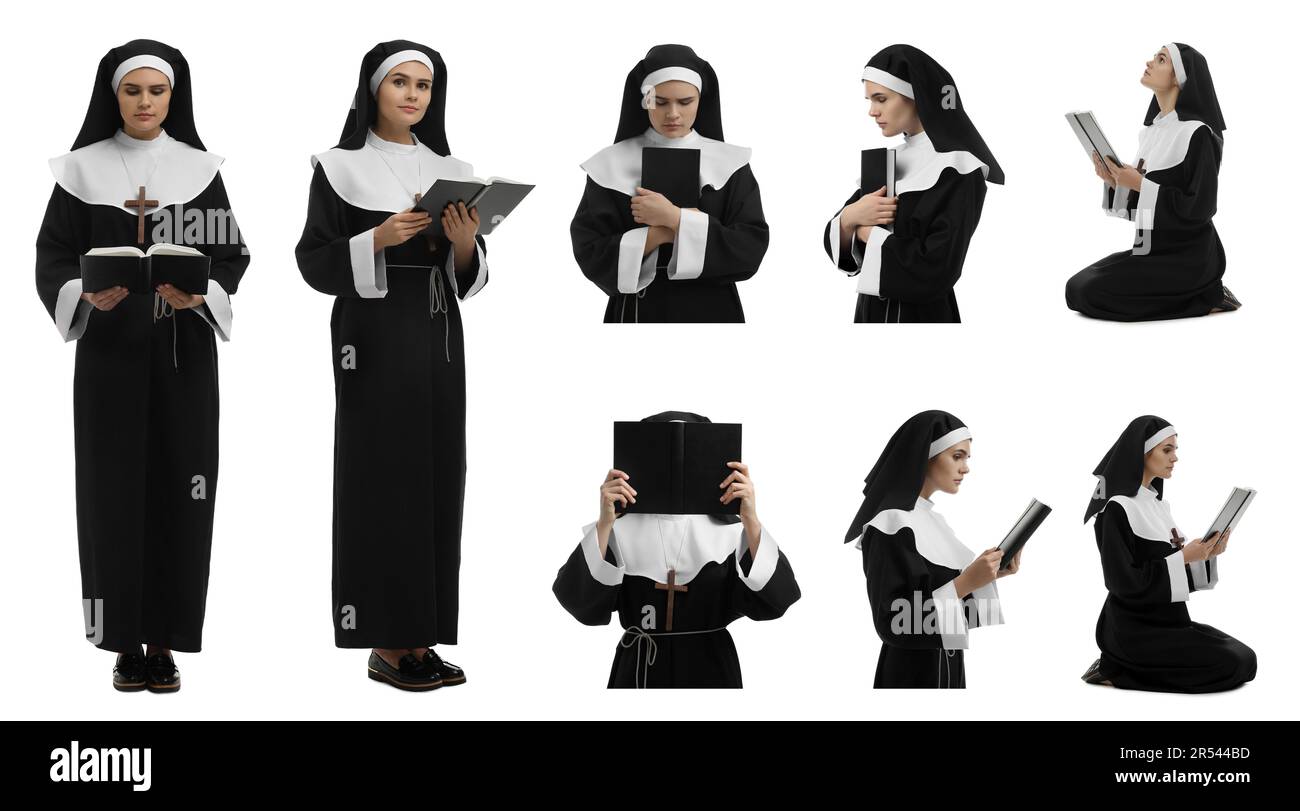 Collage with photos of young nun holding Bible and praying on white ...
