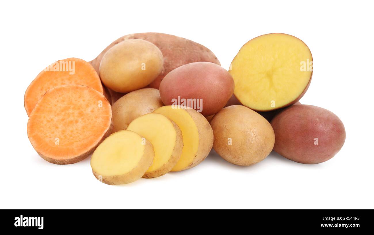 Different types of fresh potatoes on white background Stock Photo - Alamy