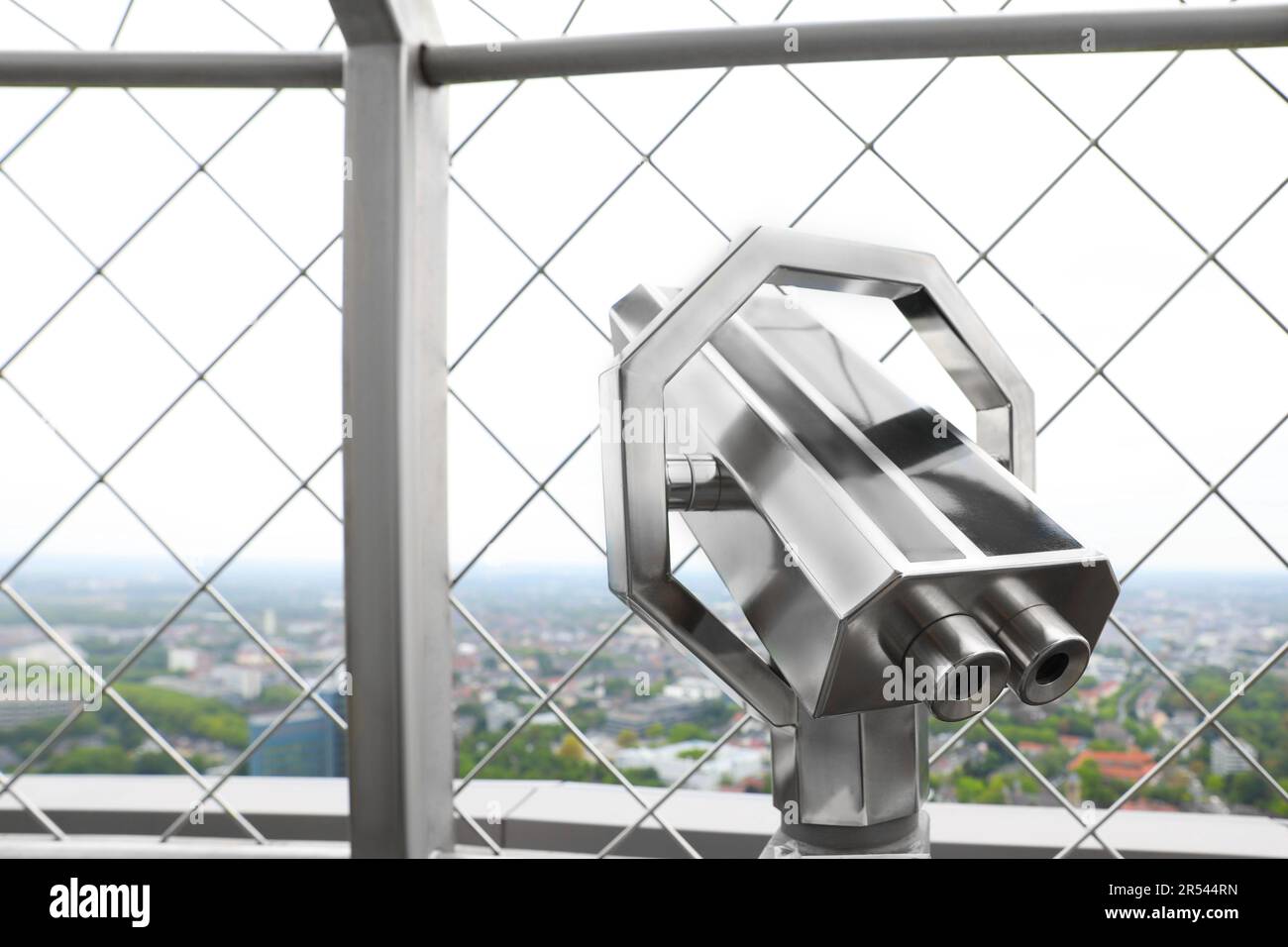 Metal tower viewer on observation deck, closeup. Space for text Stock ...