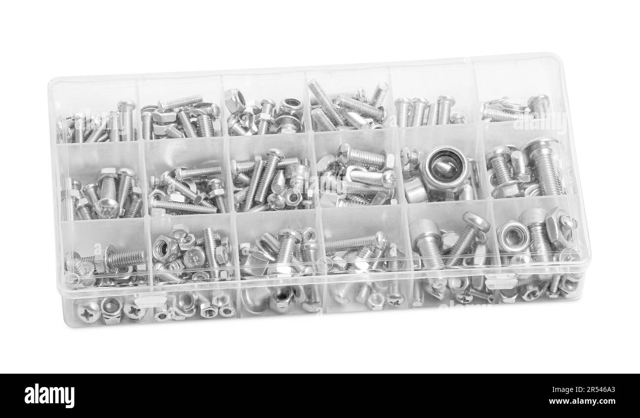 Plastic box with different bolts and nuts isolated on white Stock Photo ...