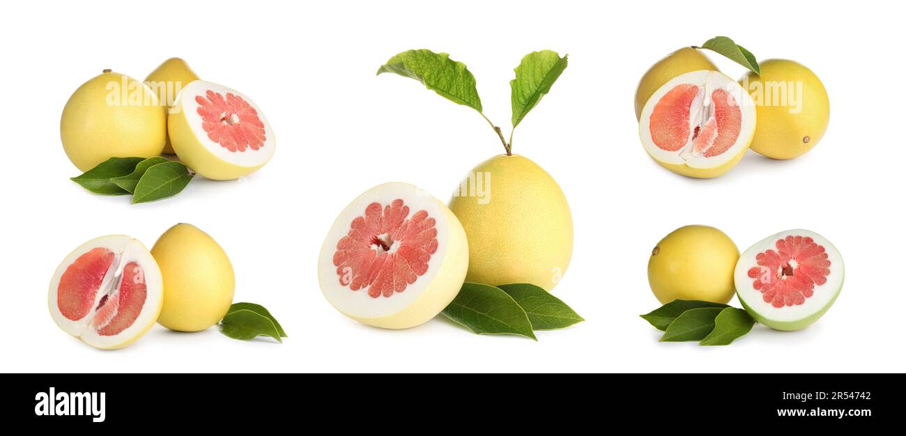 Collage with fresh pomelo fruits on white background Stock Photo - Alamy