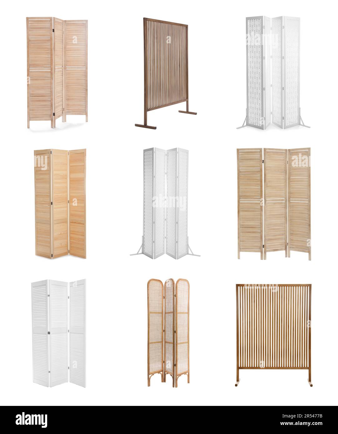 Set with different wooden folding screens on white background Stock ...
