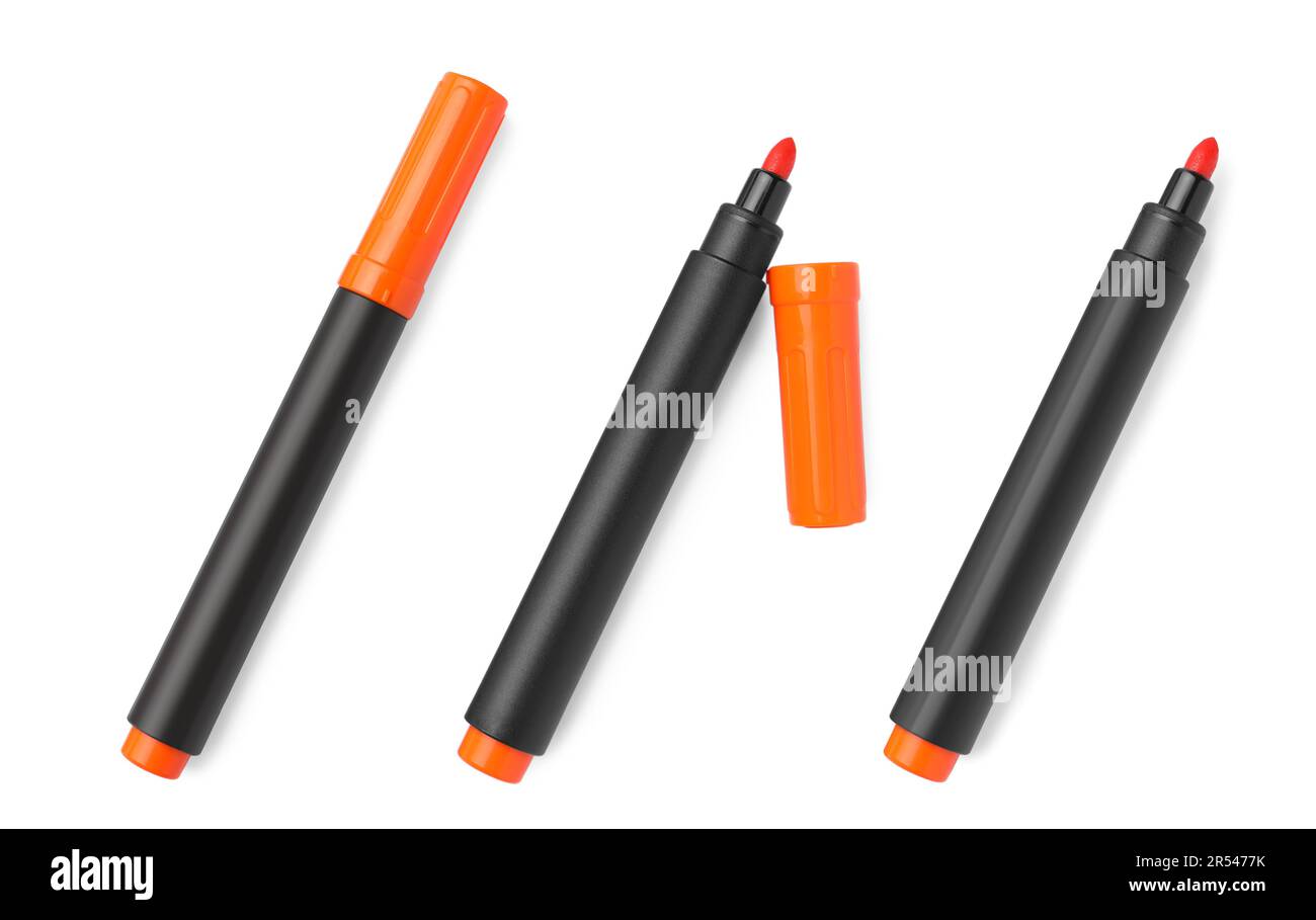 Set of bright orange markers on white background, top view. School ...