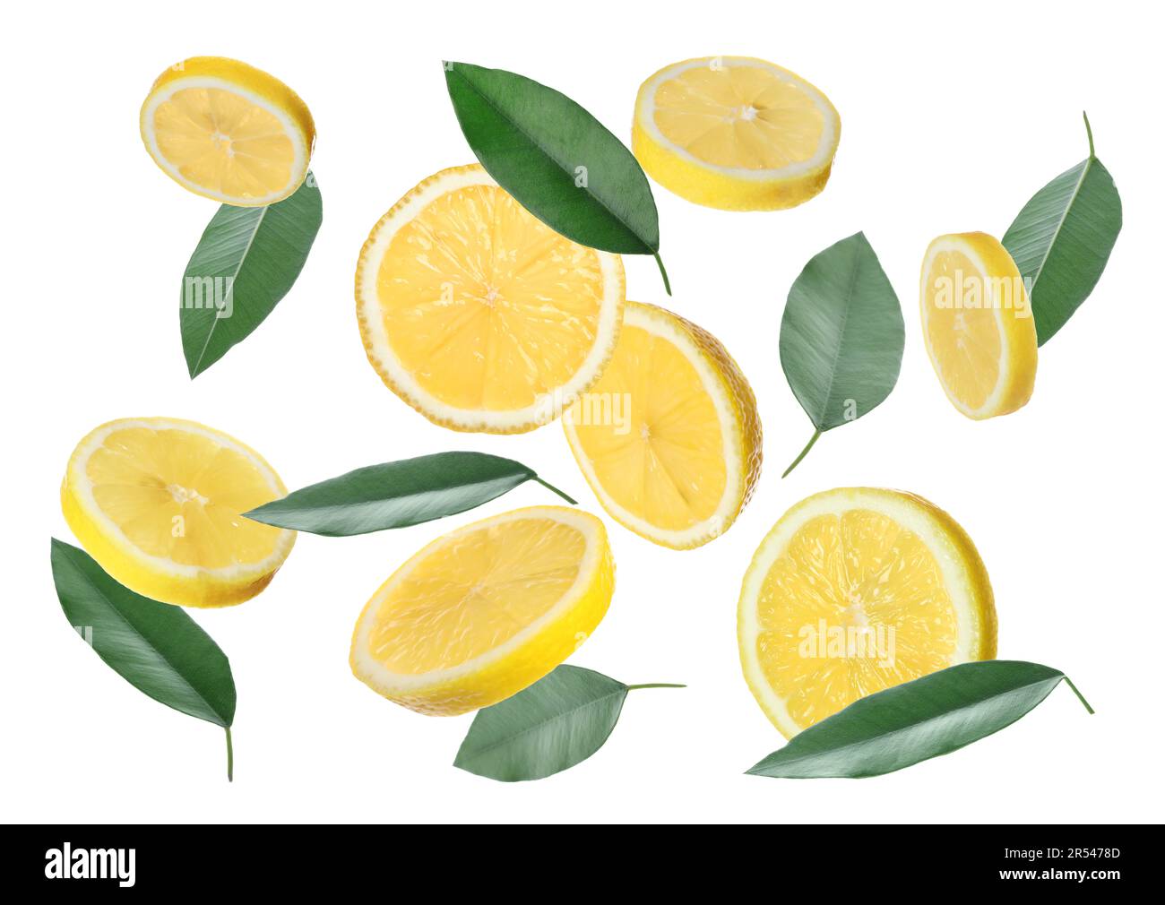 Fresh ripe lemon slices and green leaves flying on white background ...