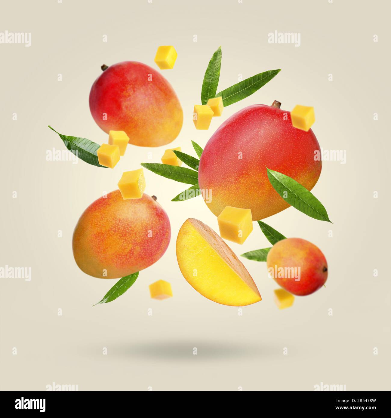 Delicious mango fruits and leaves falling on white background Stock ...