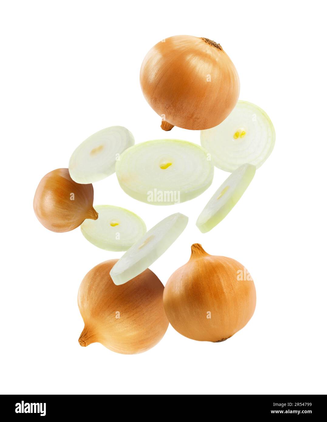 Whole and cut onion bulbs falling on white background Stock Photo - Alamy
