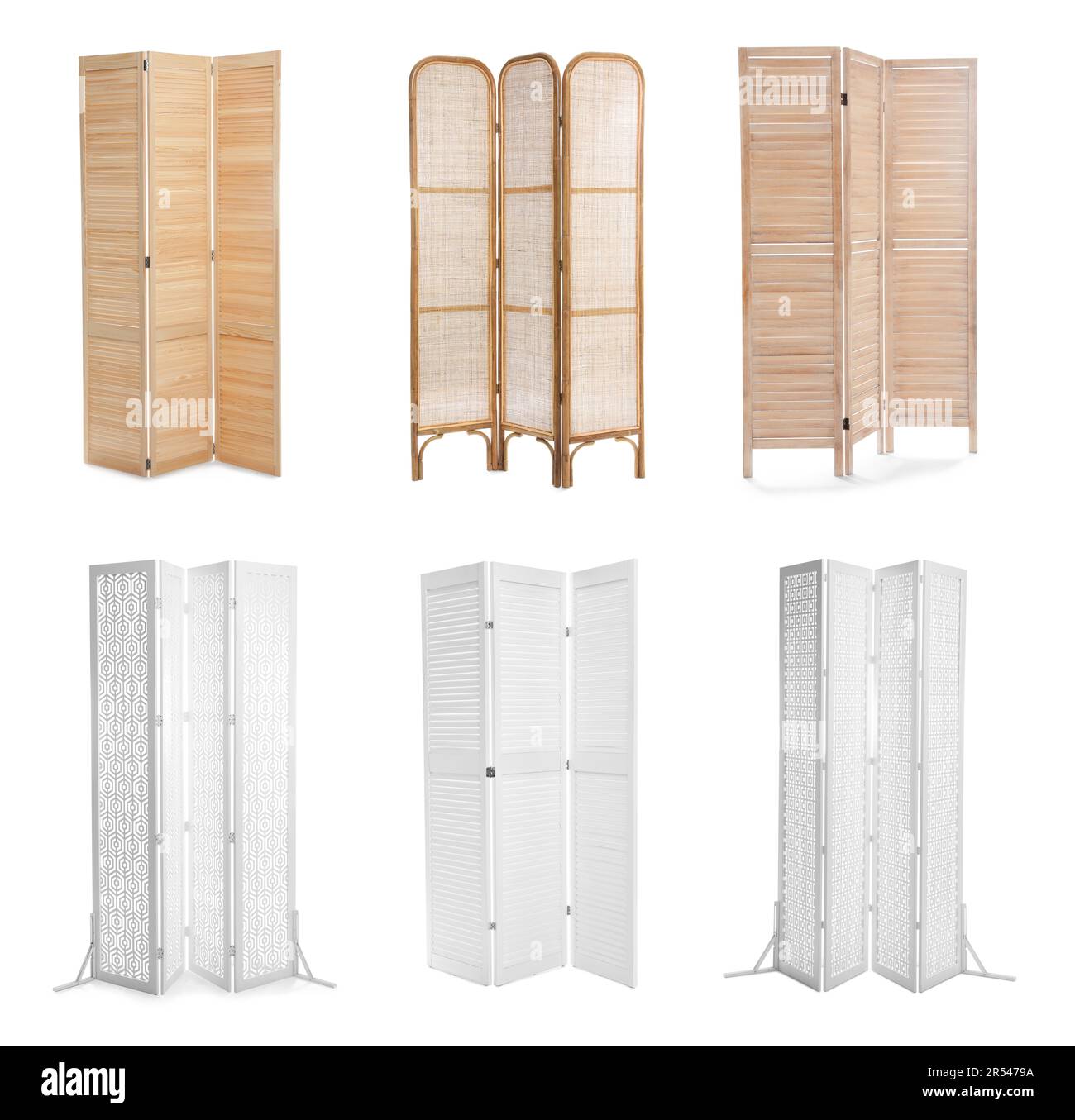 Set with different wooden folding screens on white background Stock ...