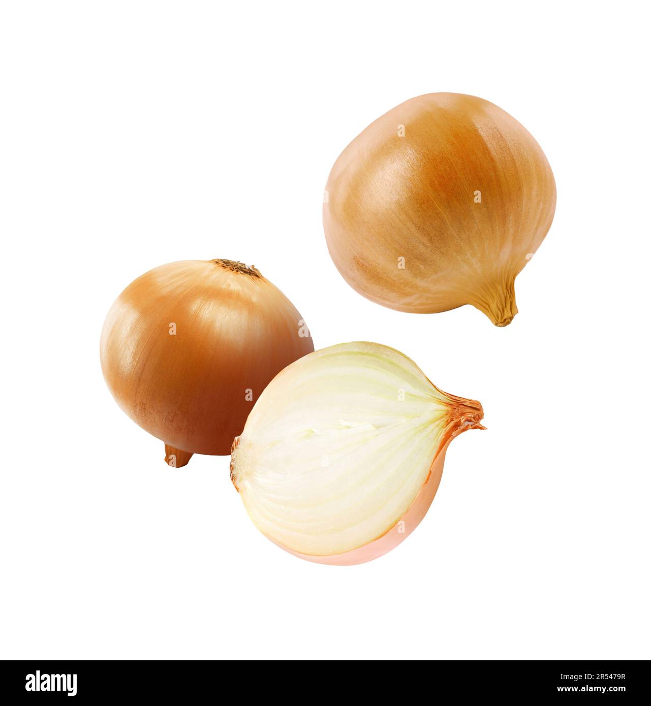 Whole and cut onion bulbs falling on white background Stock Photo - Alamy