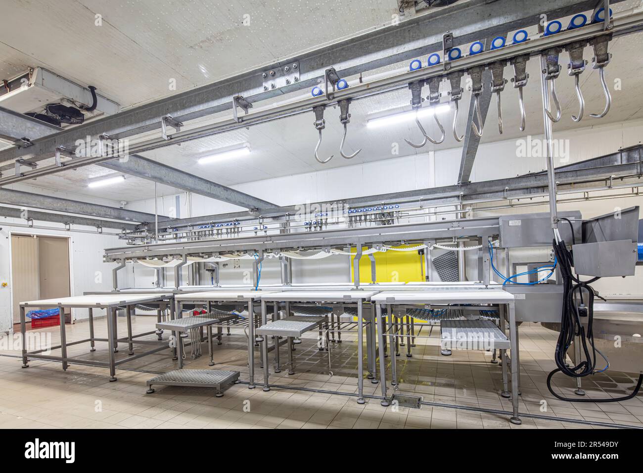Meat processing machines at meat factory. Cutting meat in ...