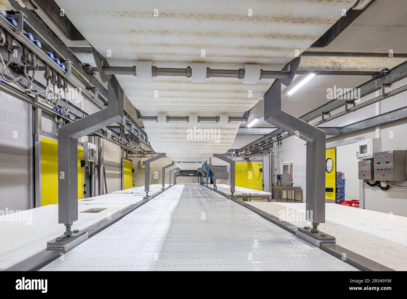 Meat processing machines at meat factory. Cutting meat in ...