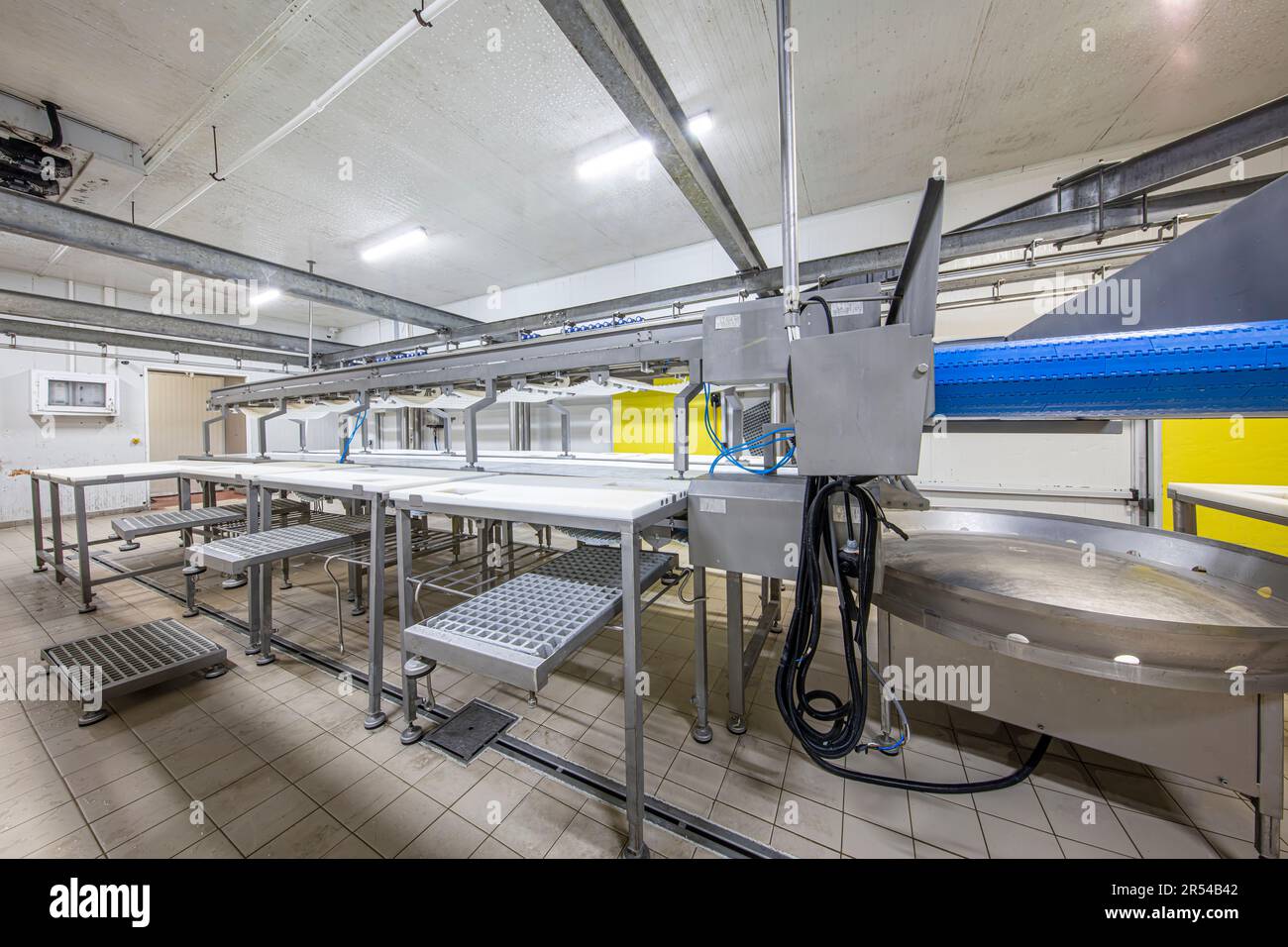 Meat processing machines at meat factory. Cutting meat in ...