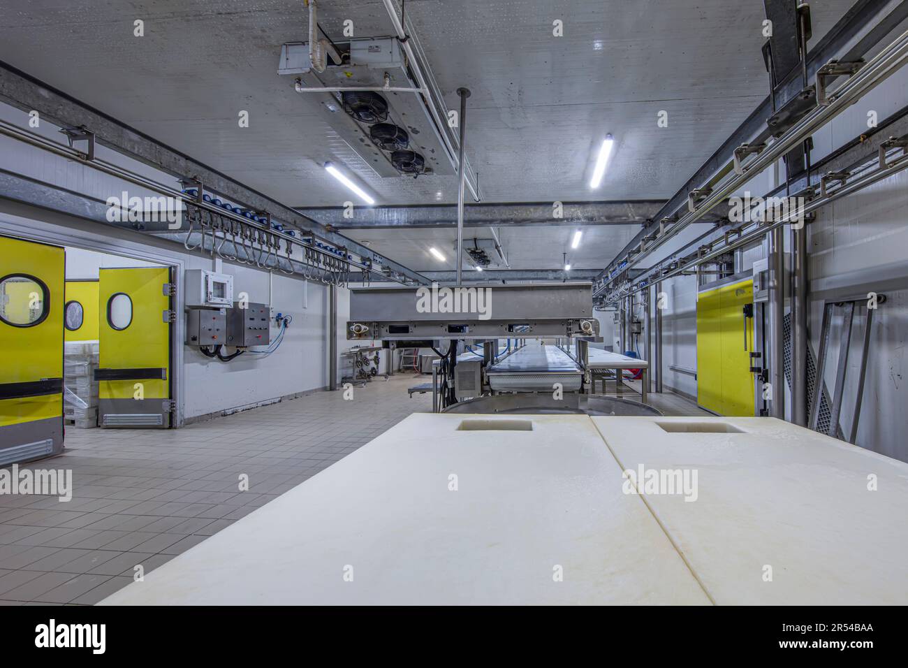 Meat processing machines at meat factory. Cutting meat in ...