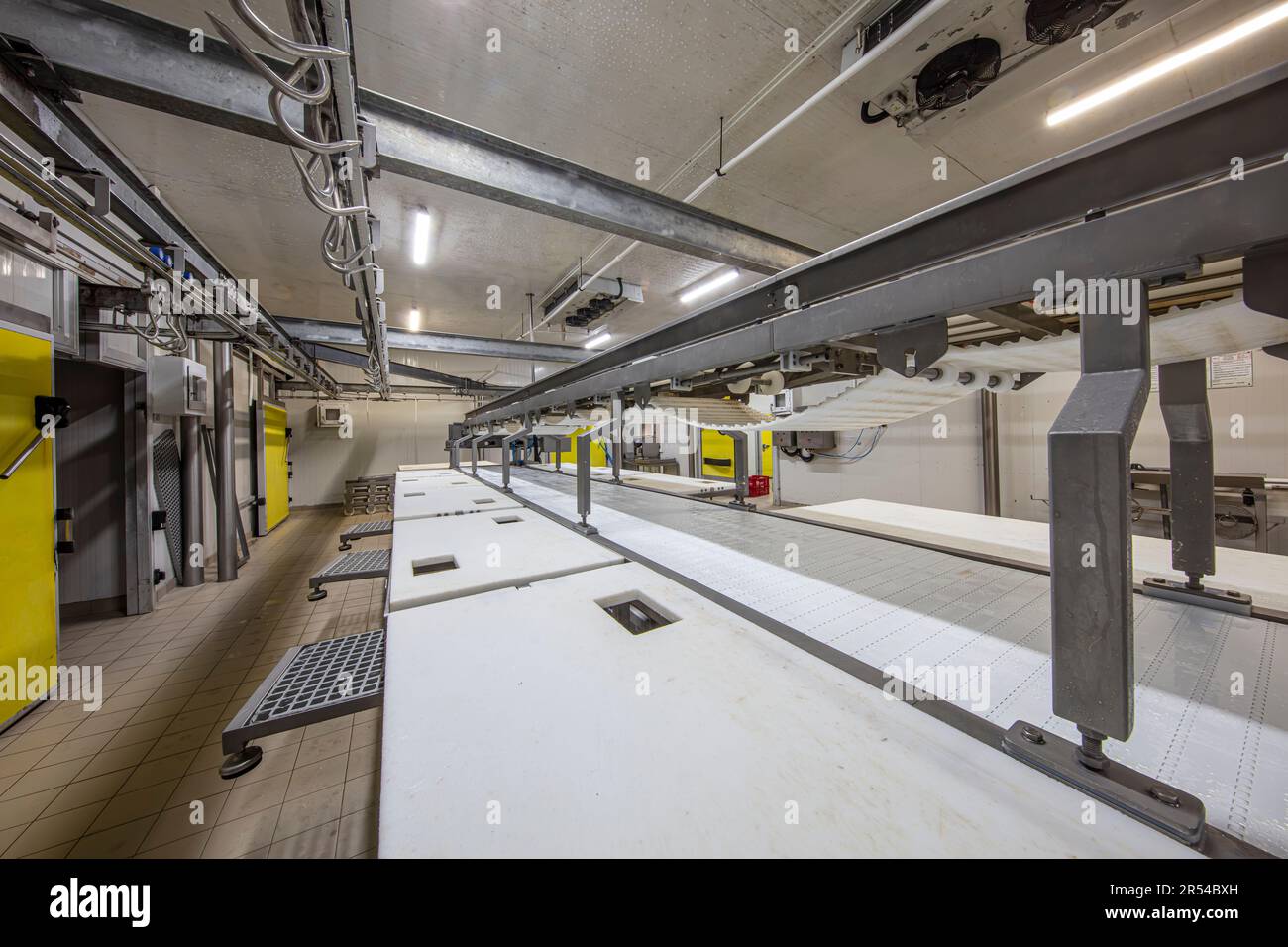Meat processing machines at meat factory. Cutting meat in ...