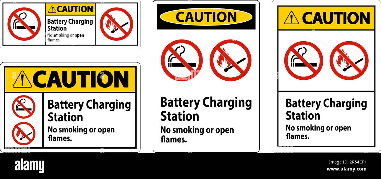 Caution Sign Battery Charging Station, No Smoking Or Open Flames Stock ...