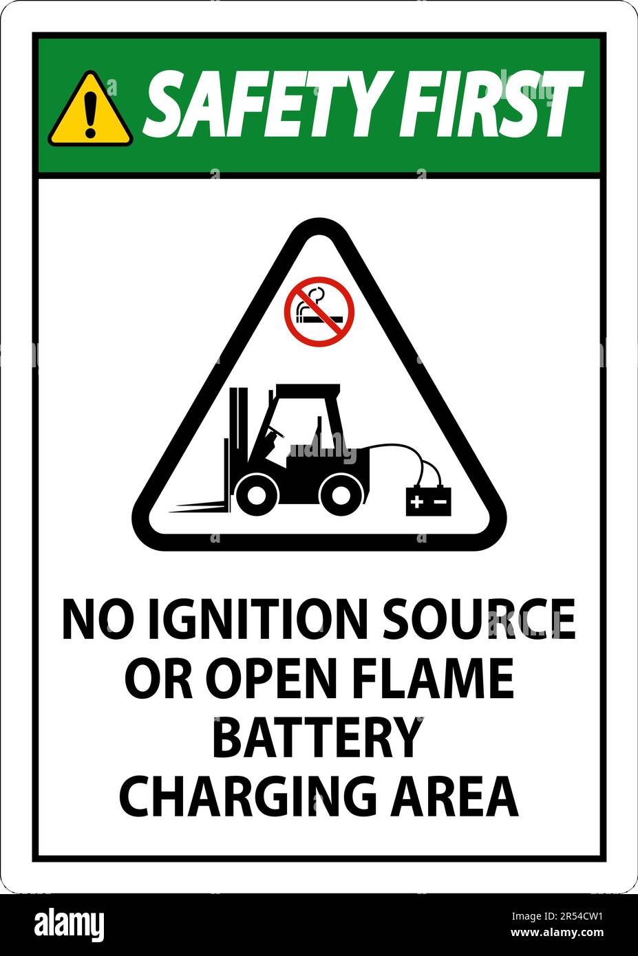 Safety First Sign No Ignition Source Or Open Flame, Battery Charging ...
