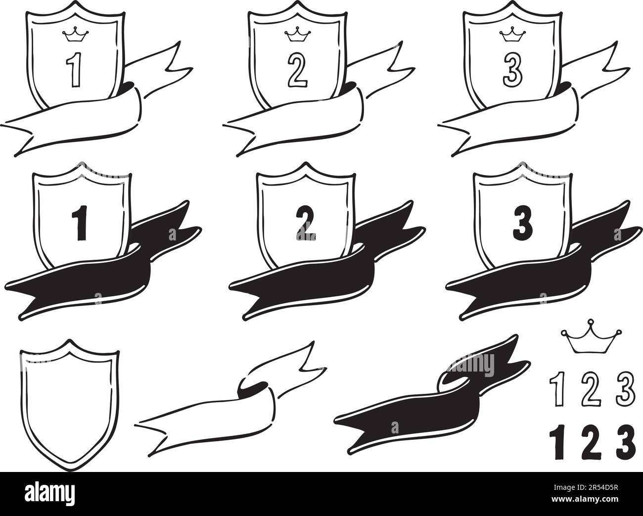 Ranking material for shields with fluttering ribbons. Black-and-white ...