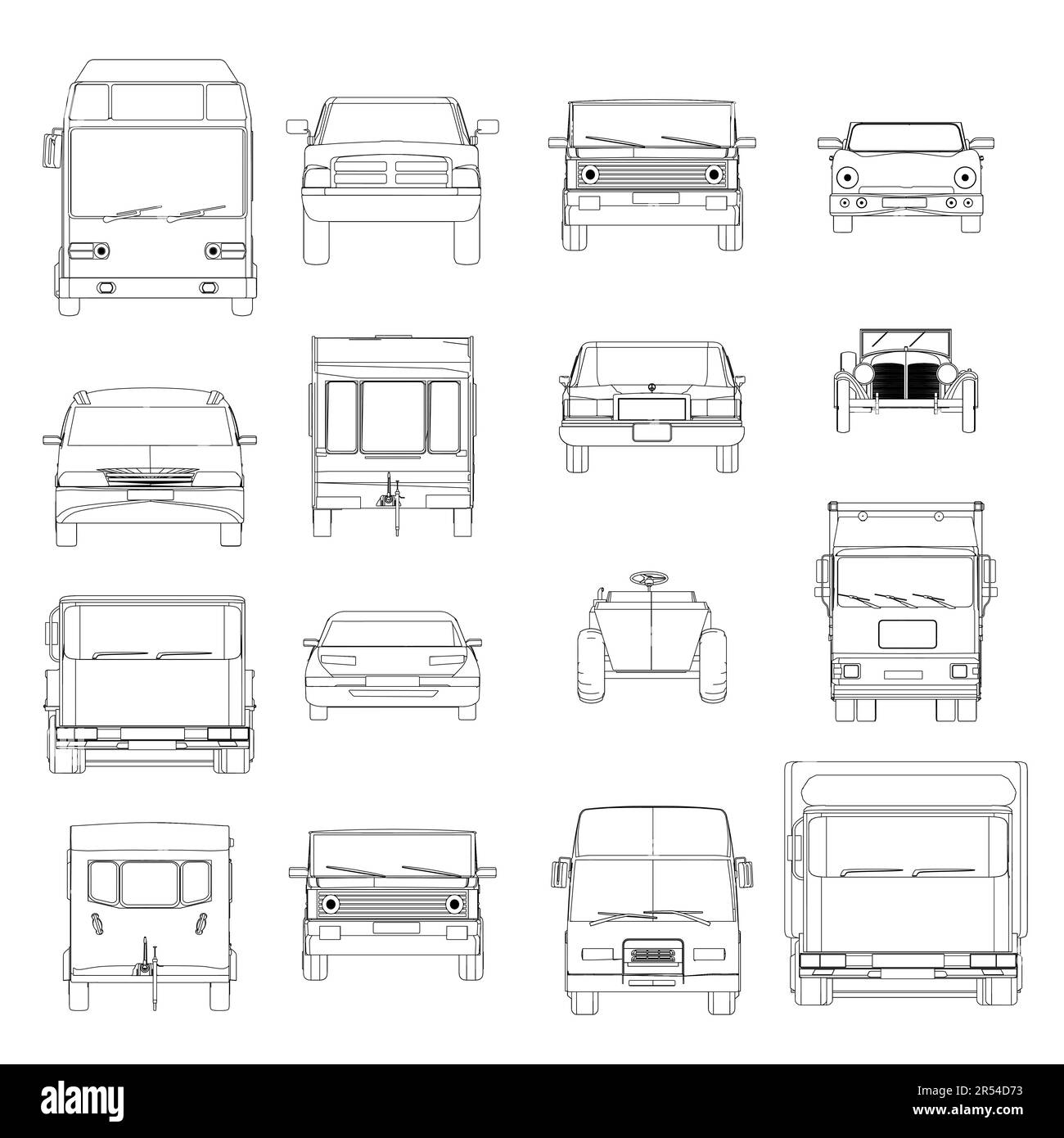 Set with contours of various cars from black lines isolated on white background. Front view ...