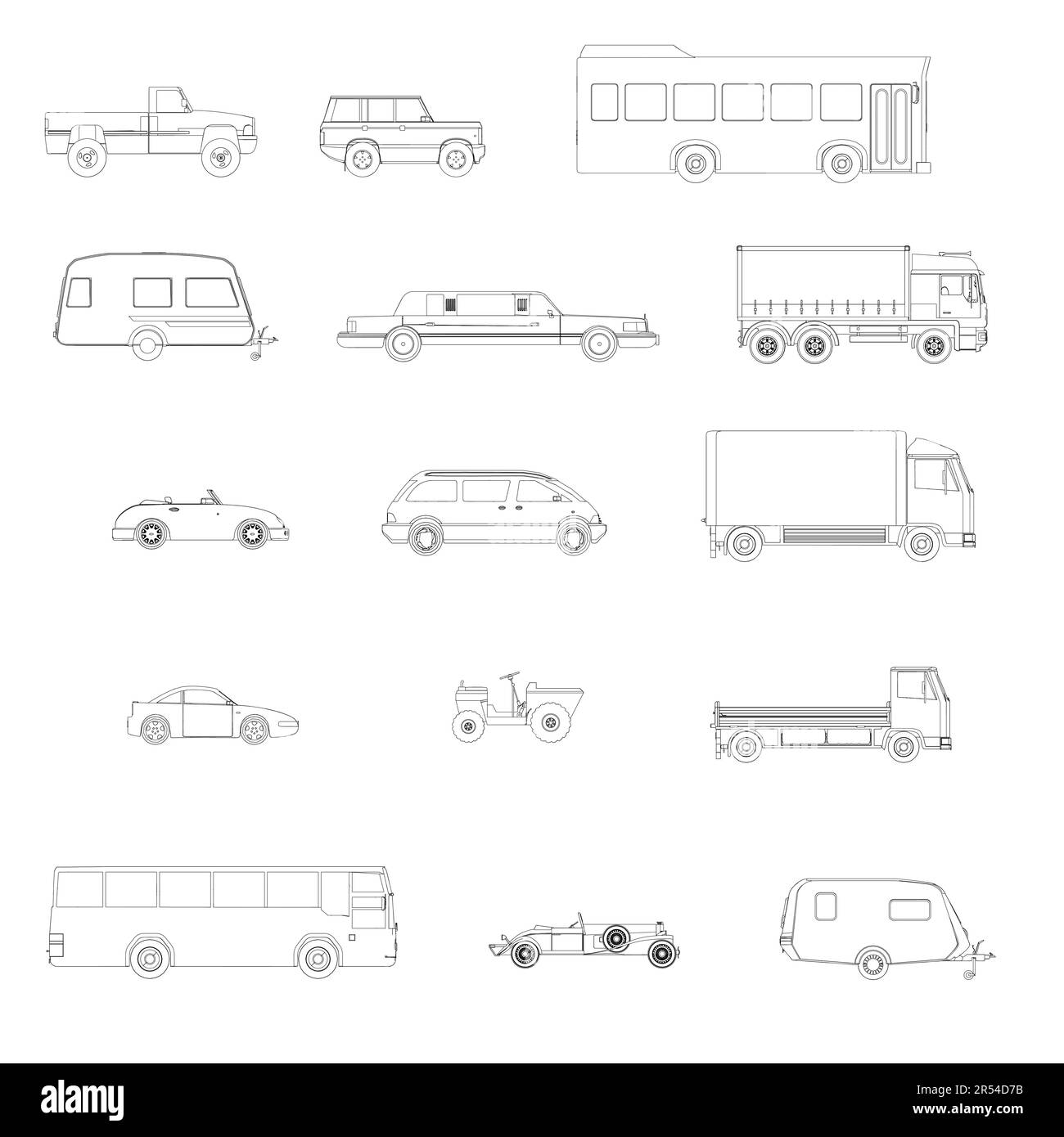 Set with contours of various cars from black lines isolated on white background. Side view ...