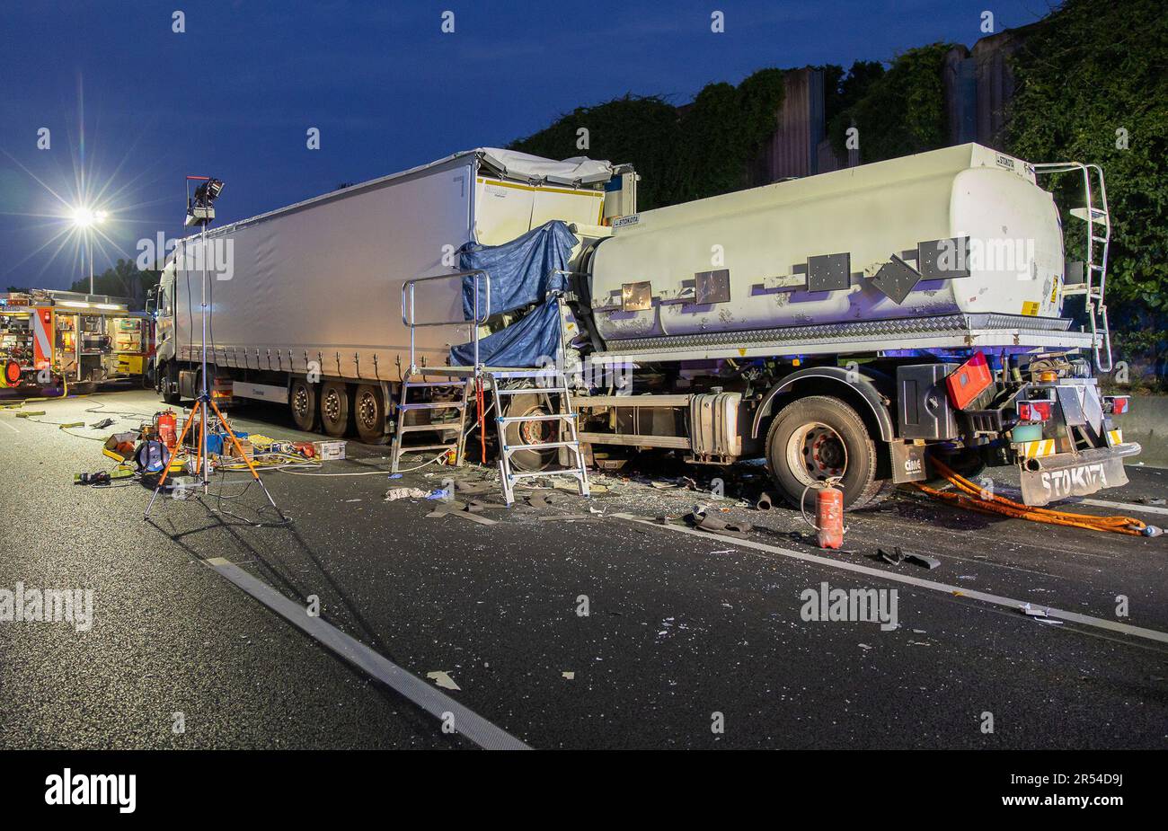 Aschaffenburg, Germany. 31st May, 2023. The scene of the accident on the A3. A man was killed in ...