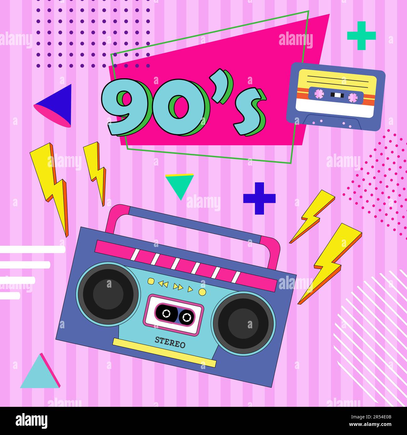 Vintage retro poster from the 90s and 80s. Tape recorder and cassettes ...