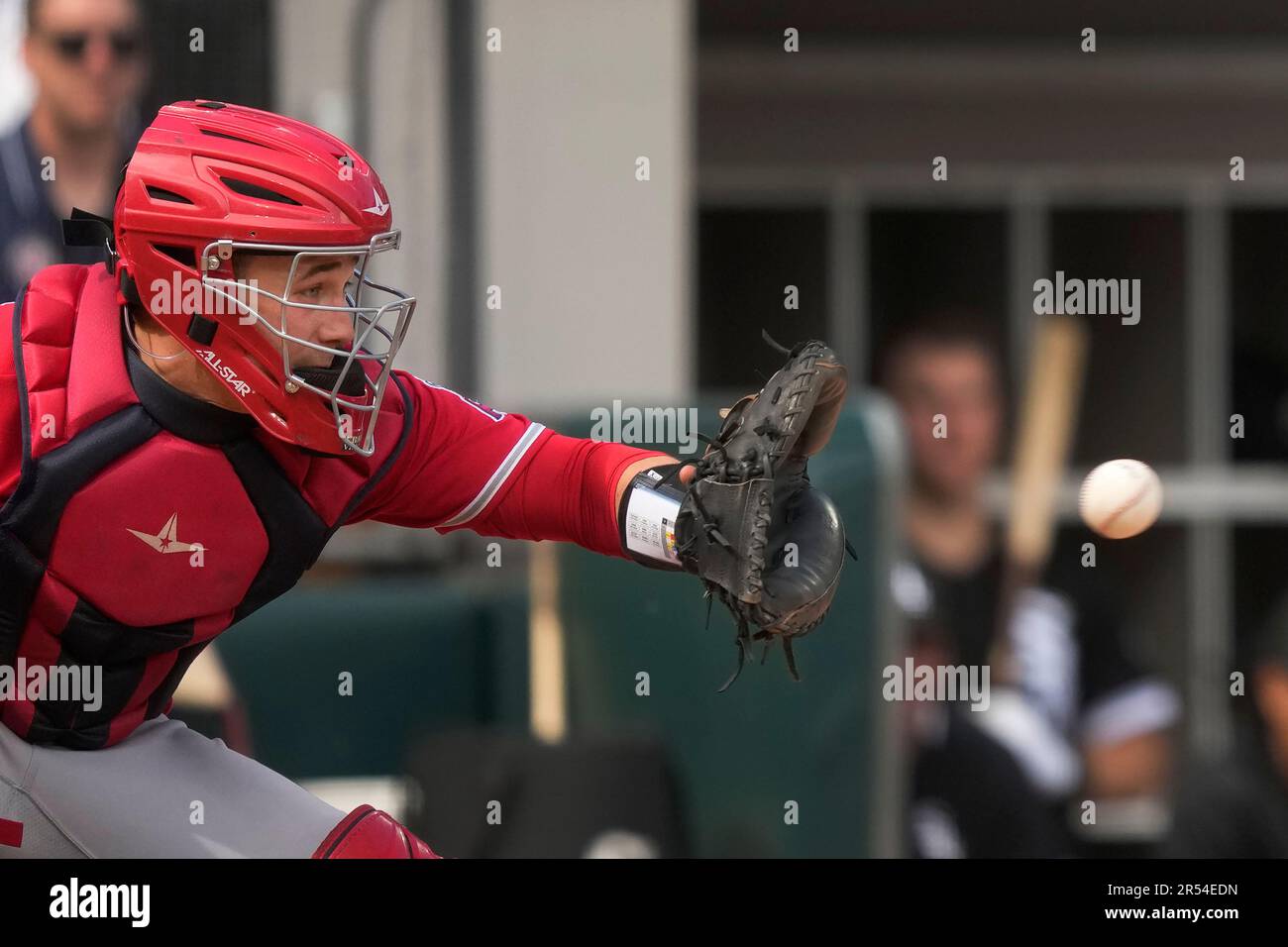 Los Angeles Angels catcher Matt Thaiss keeps focused on the pitch ...