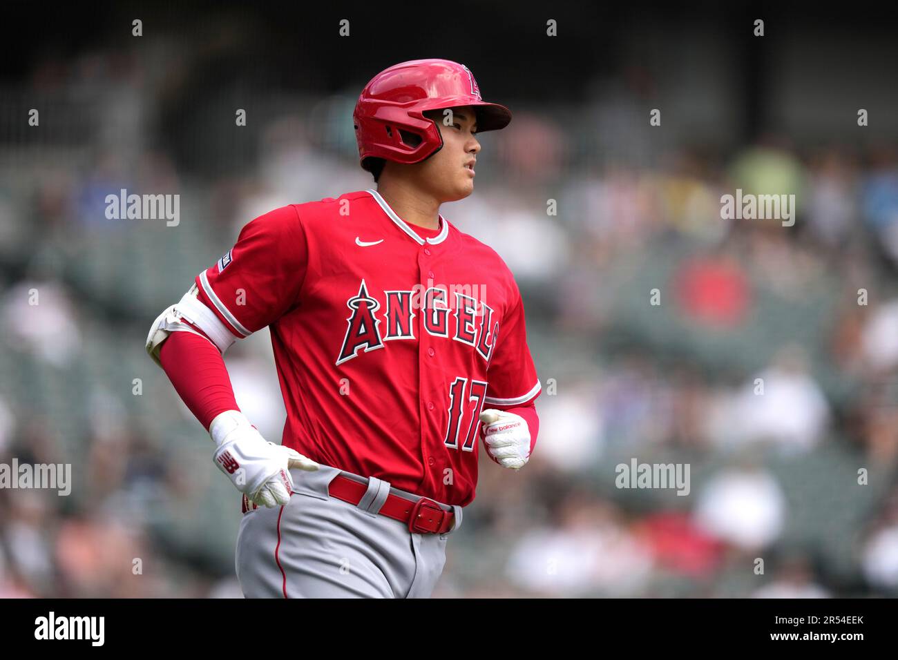 Los Angeles Angels' Shohei Ohtani watches his two-run home run during a ...