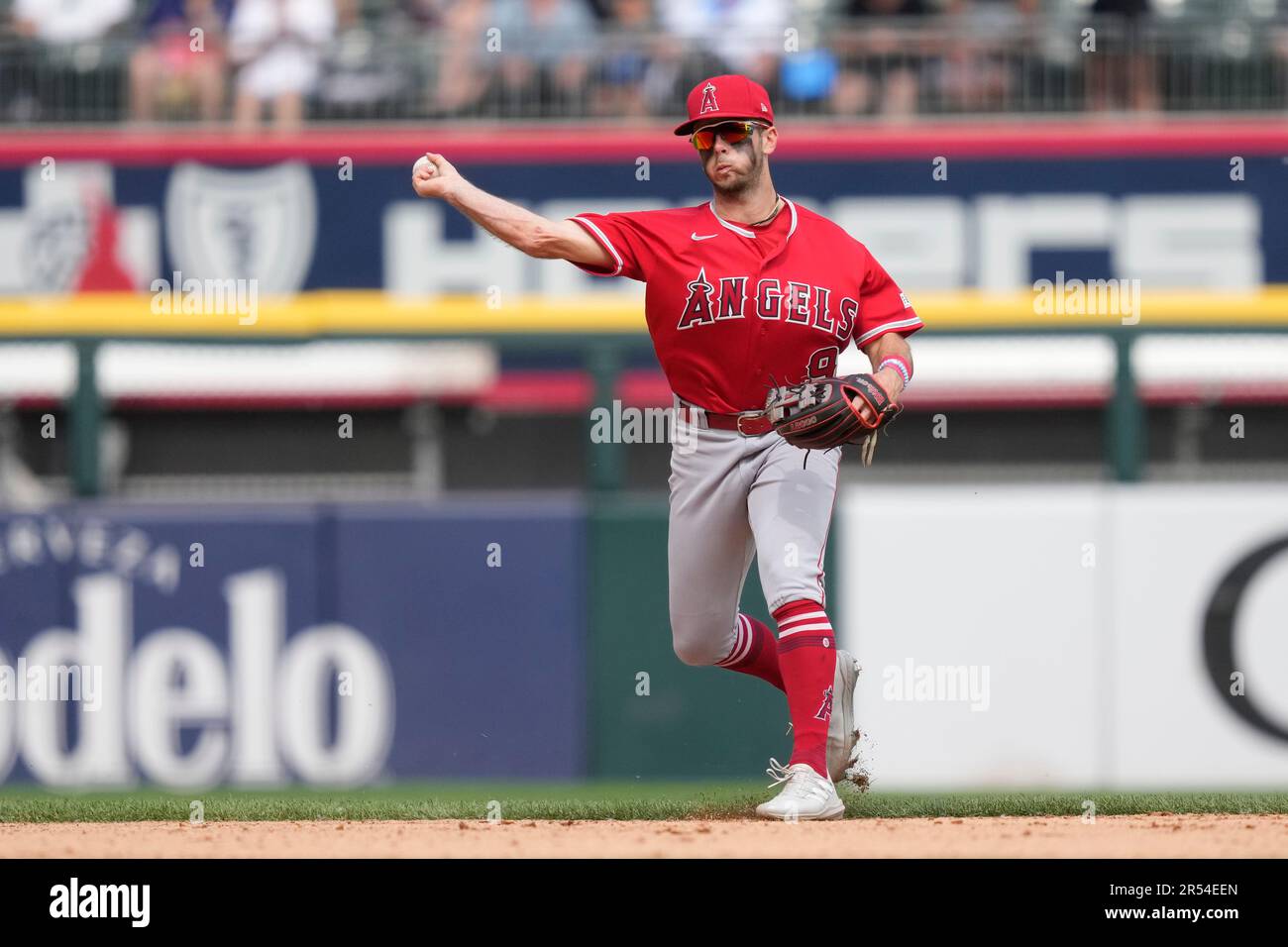 Los Angeles Angels Zach Neto throws to first during a baseball game ...