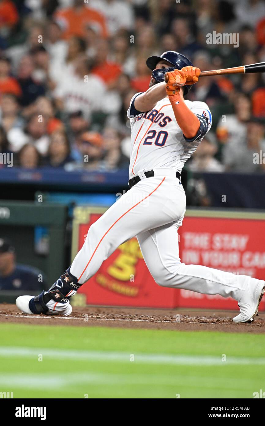Houston Astros center fielder Chas McCormick (20) hits a 417 foot, 2-run homer to left-center ...