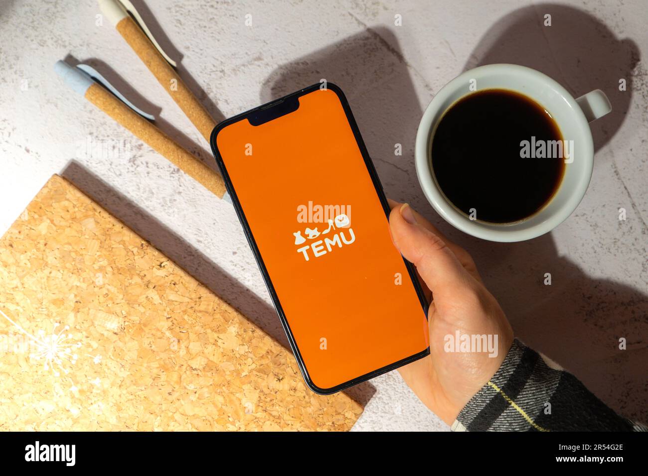 Gdansk, Poland - March 2023 Female hand holding Temu app icon in screen ...