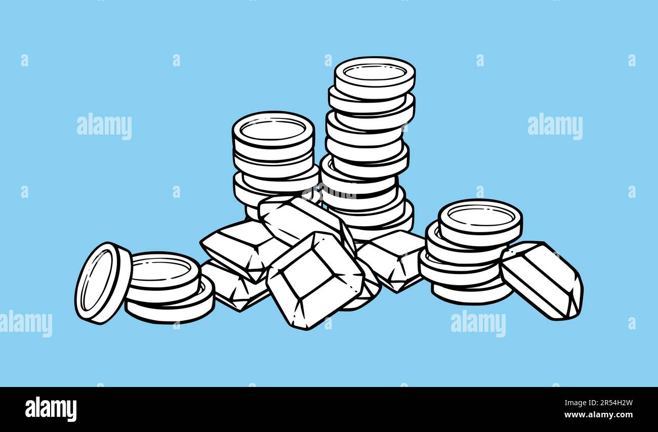 Coin pile with gem stones. Game gold or silver currency. Vector ...