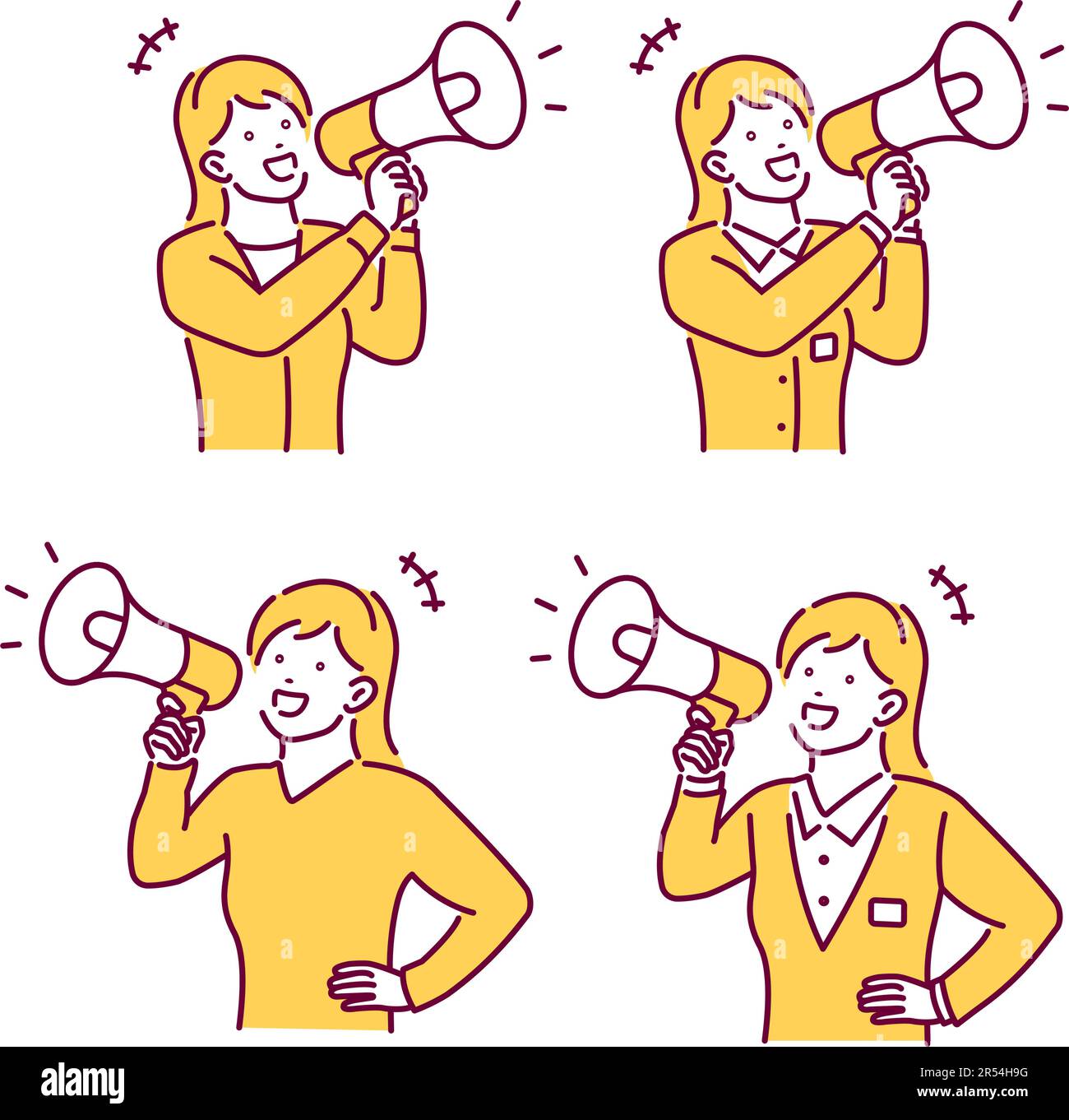 Young woman with megaphone ( woman announcing ) vector illustration set ...