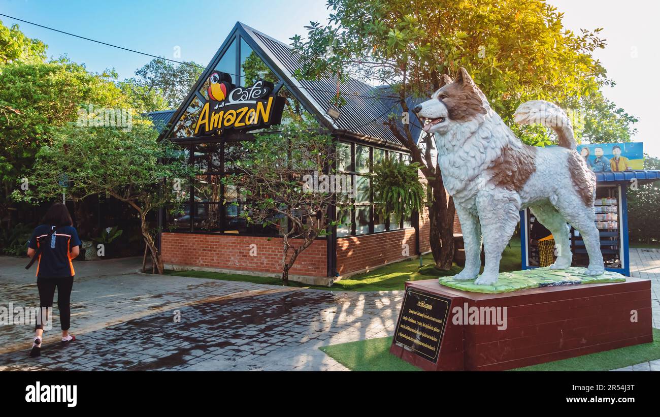 PHITSANULOK -THAILAND,DECEMBER 11 ,2020 : A beautiful statue of white-brown dog of the Bang Kaeo ...