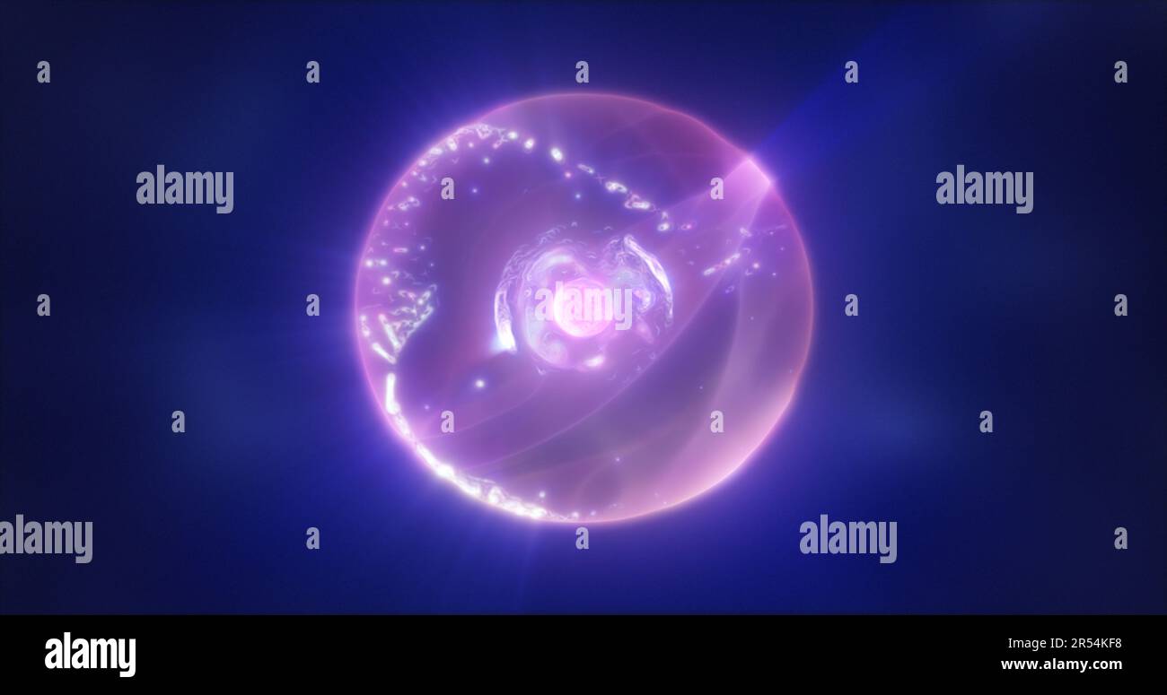Abstract purple energy sphere with flying glowing bright particles ...
