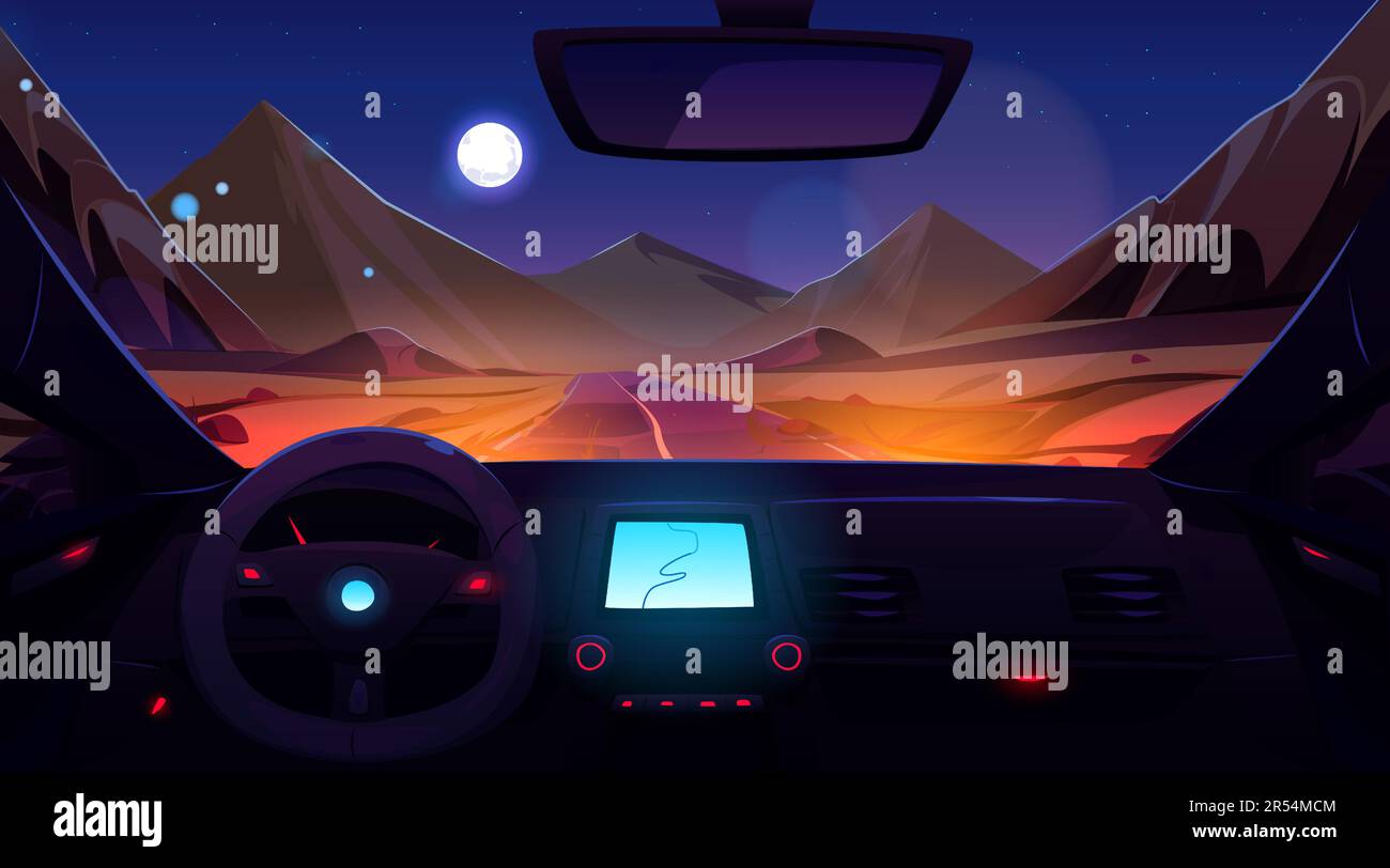 Pov view of car salon inside and sand desert landscape with road ...