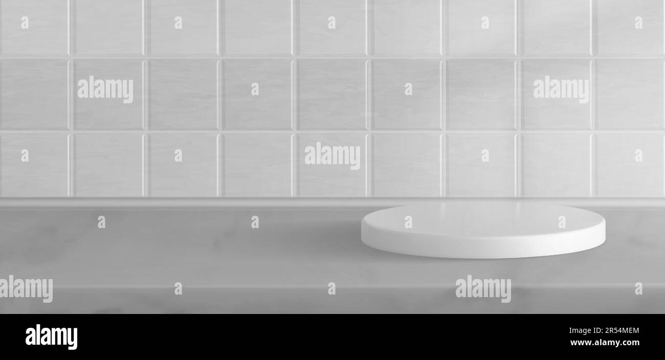 3d white kitchen tile podium platform background. Perspective product ...