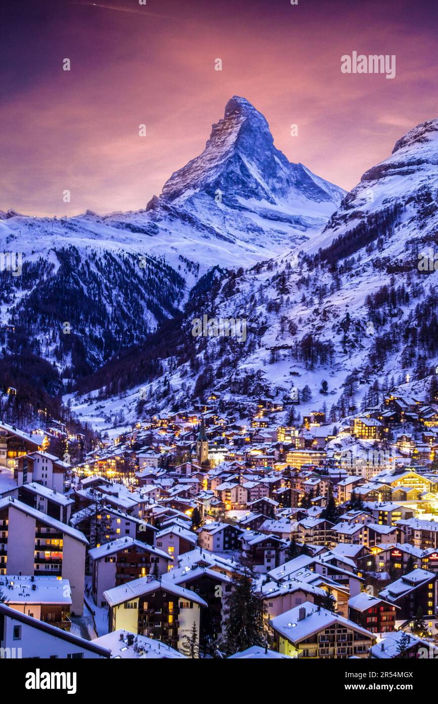 Zermatt town with Matterhorn with Christmas illumination during twlight ...