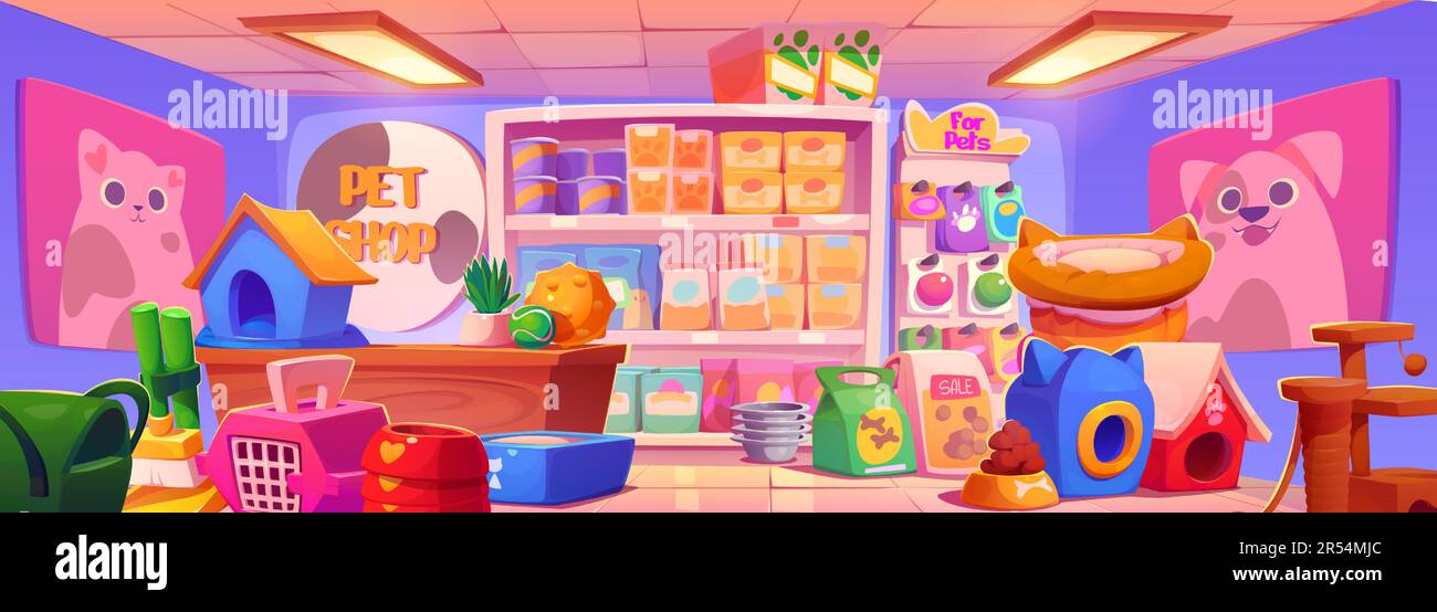 Cartoon pet shop interior with goods and furniture. Vector illustration ...