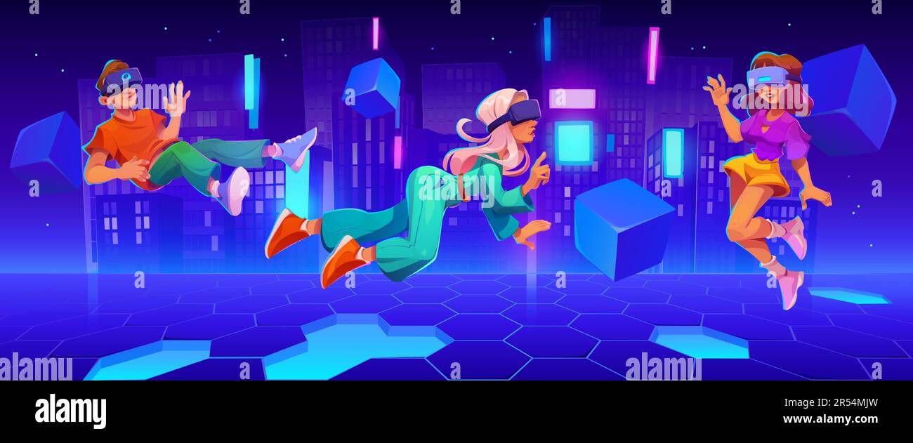 Young people enjoying virtual reality experience in vr headsets. Vector ...