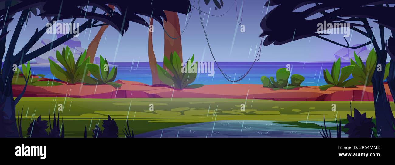 Tropical island coastline with lianas on exotic trees. Vector cartoon ...
