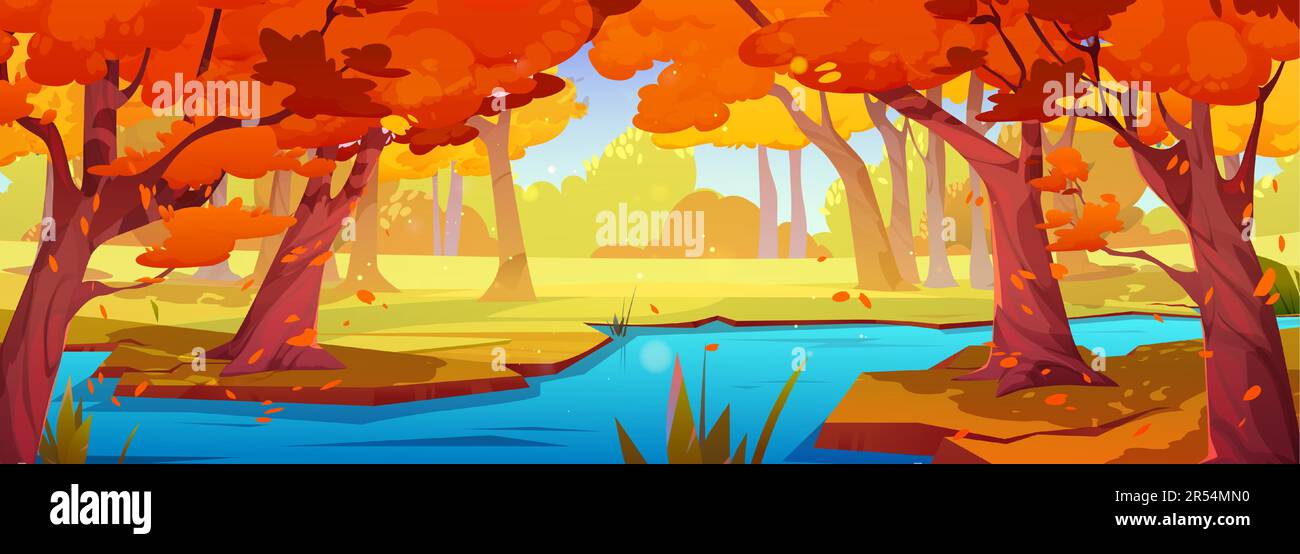 River in autumn forest nature vector cartoon landscape. Falling leaves ...