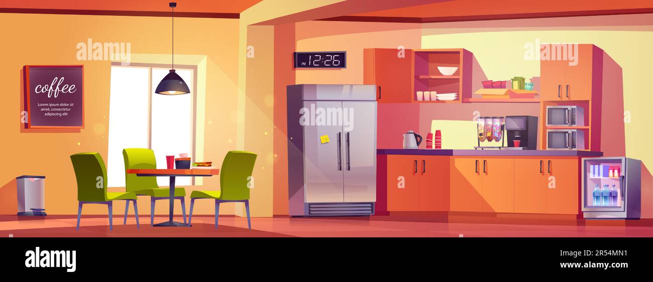 Office kitchen and break room interior vector background with table ...